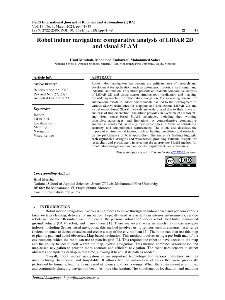 Robot Indoor Navigation: Comparative Analysis of LiDAR 2D and Visual SLAM | PDF | Lidar