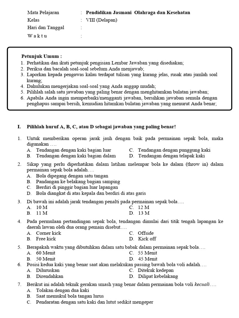Soal Pat Pjok Kelas Viii (2021-2022) PDF | PDF