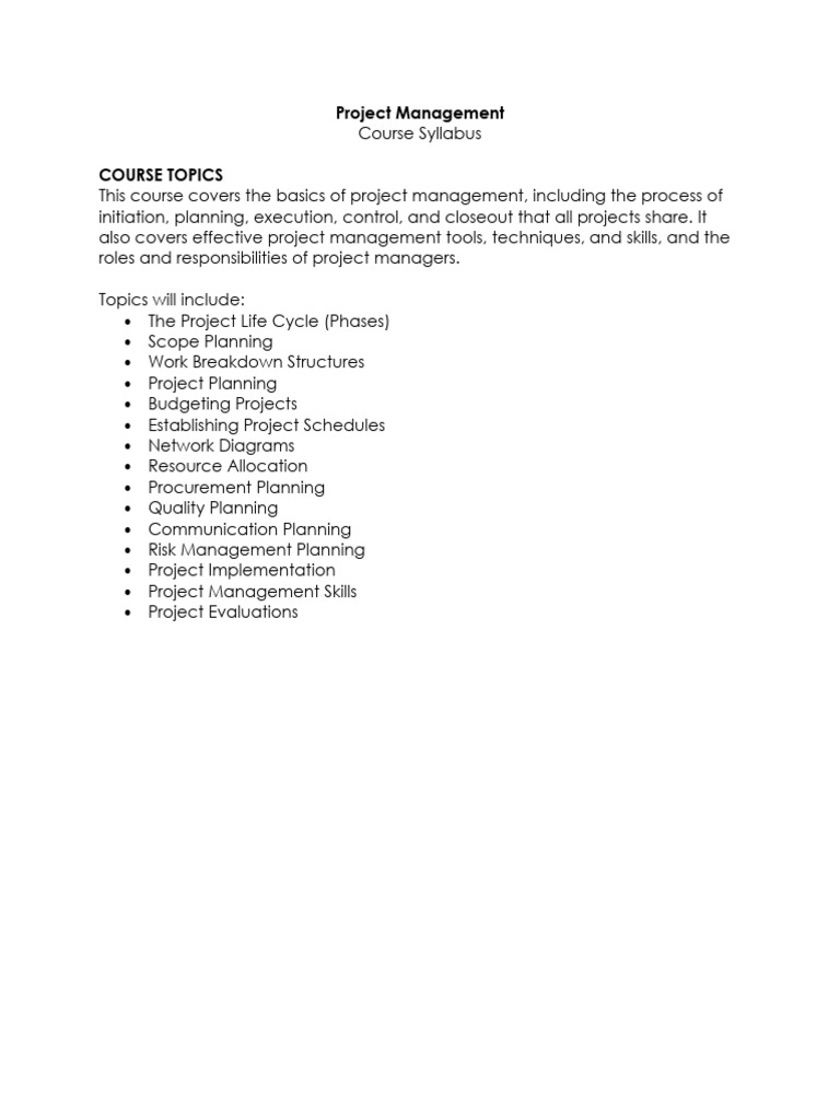 Project Management Course Outline | PDF