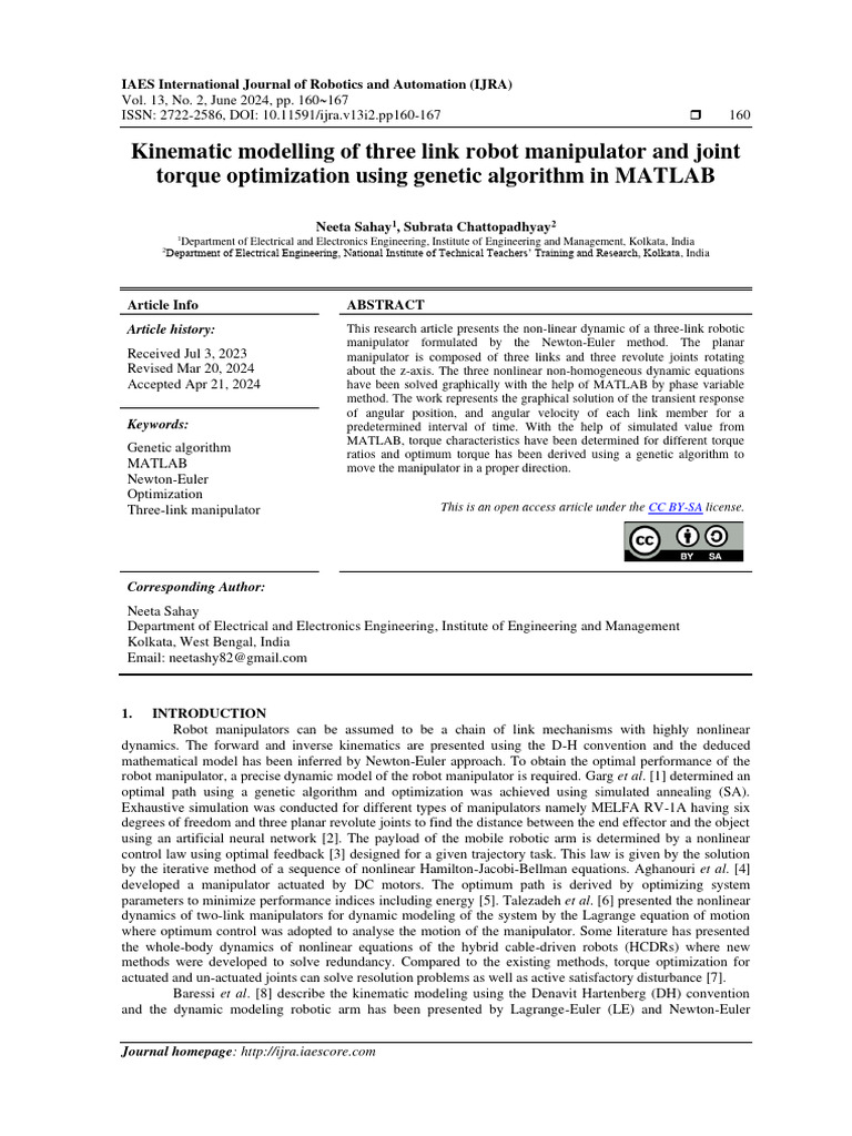 Kinematic Modelling of Three Link Robot Manipulator and Joint Torque Optimization Using Genetic ...