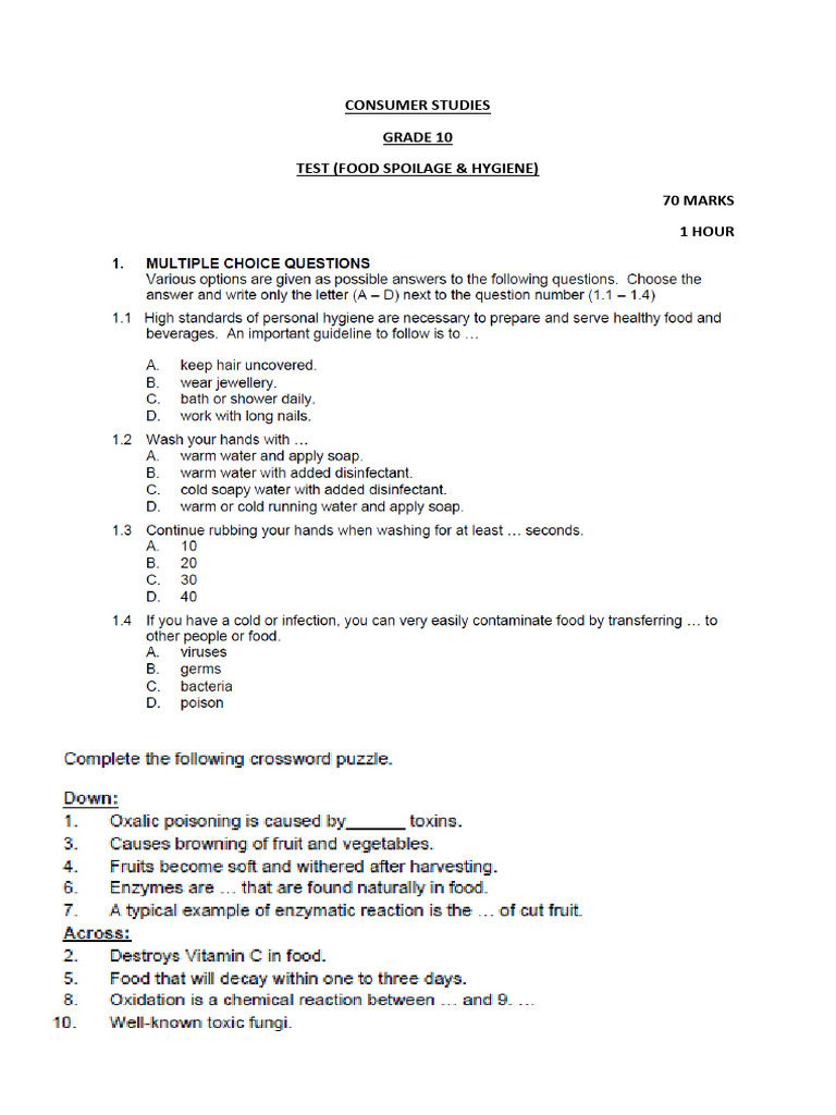 Grade 10 Test: Food Spoilage & Hygiene | PDF