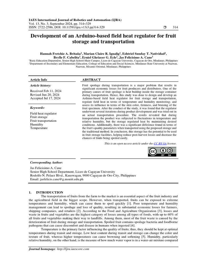 Development Of An Arduino Based Field Heat Regulator For Fruit Storage And Transportation Pdf