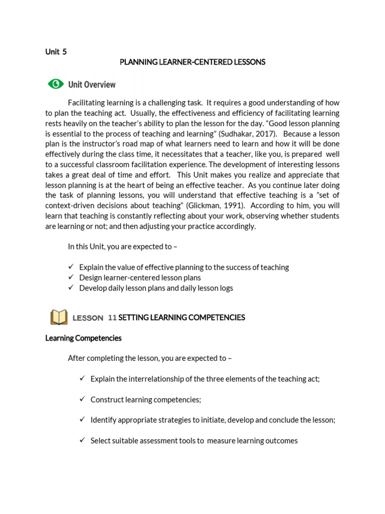 EDUC 31 Unit 5 Planning The Lesson Lessons 11 13 v042421 | PDF | Learning | Educational Assessment