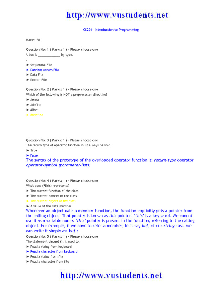 CS201 Solved Final Papers 249 Pages File | PDF | Class (Computer Programming) | Pointer ...