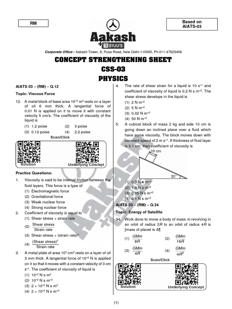 Concept Strengthening Sheet (CSS-03) Based On AIATS-03 (RM) - Physics | PDF | Orbit | Force