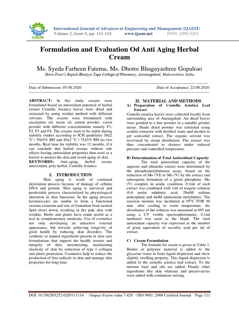 Formulation and Evaluation Od Anti Aging Herbal Cream | PDF | Glycerol ...