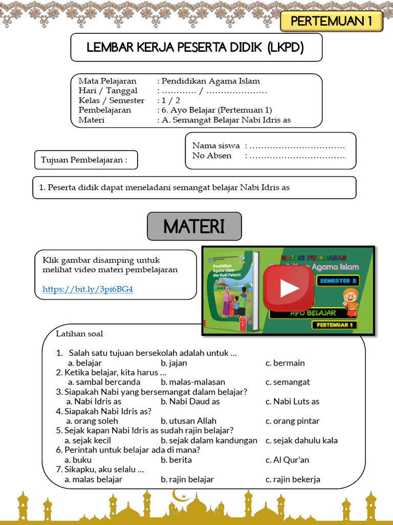 LKPD Kelas 1 Lembar Kerja Peserta Didik PAI Semester 2 | PDF