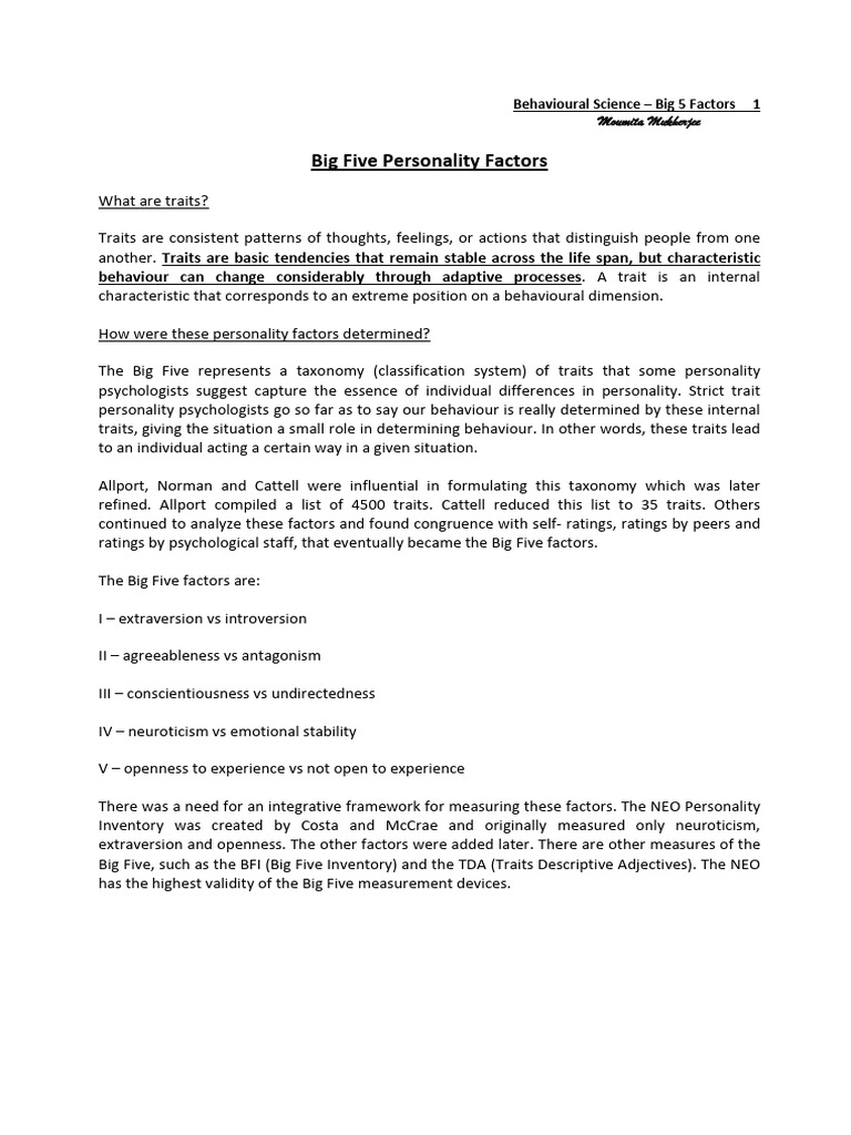 BS 102 Module Ic - Big 5 Factors | PDF | Extraversion And Introversion | Scientific Theories