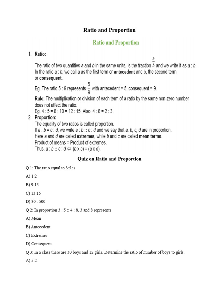Ratio and Proportion Quiz and Practice | PDF