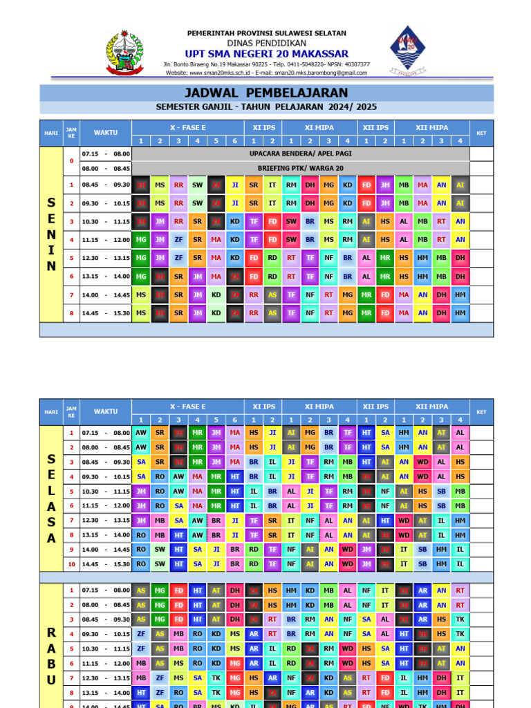 Revisi Jadwal Mapel Semester Ganjil & Kode Guru SMAN 20 Makassar TP 2024-2025-1 | PDF