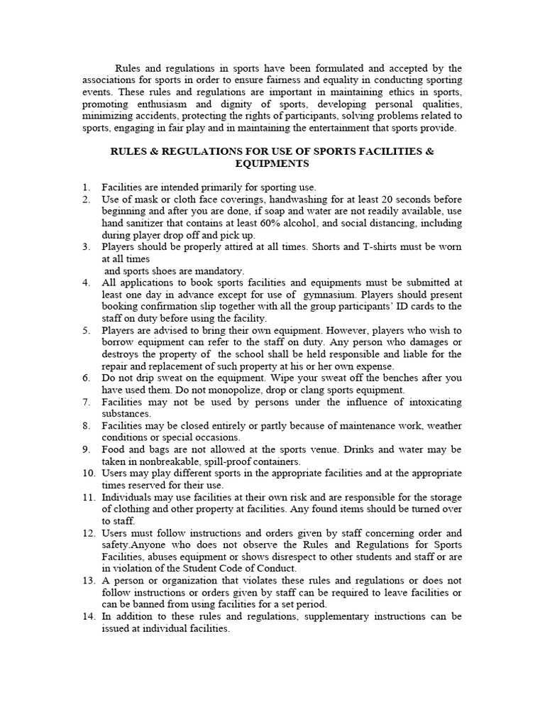 Rules Regulations For Use of Sports Facilities Equipments | PDF | Sports
