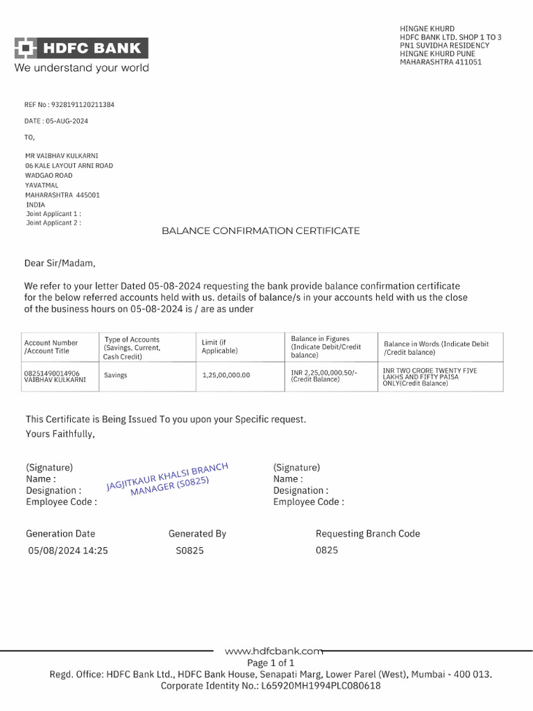 Certificate HDFC | PDF