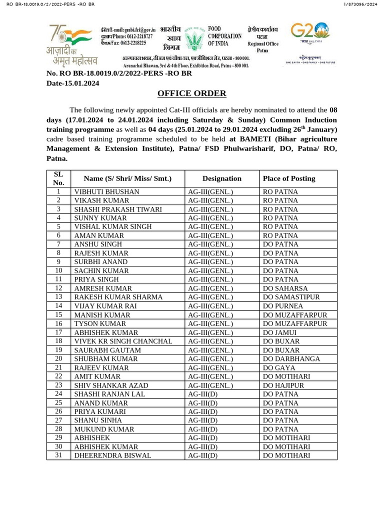Induction Training Order For Newly Recruited Officials | PDF