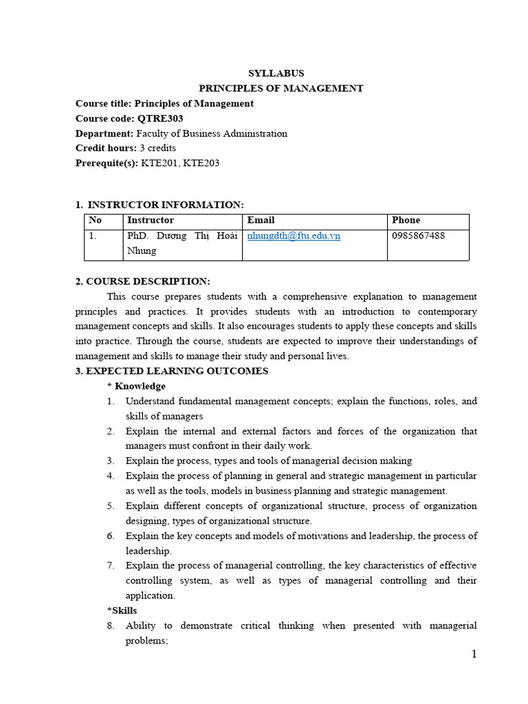 Principles of Management Syllabus | PDF | Leadership | Motivation