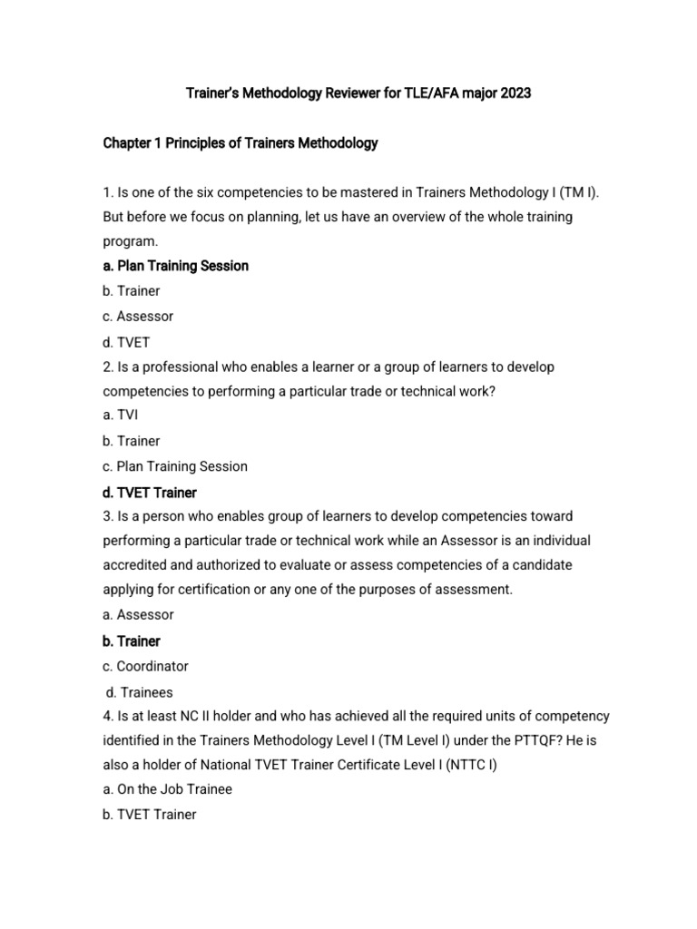 Trainers Methodology PRE TEST 2023 With KTC | PDF