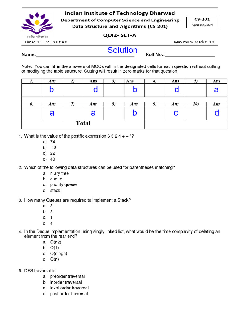DSA Quiz SET A With Solution | PDF | Applied Mathematics | Computer Science
