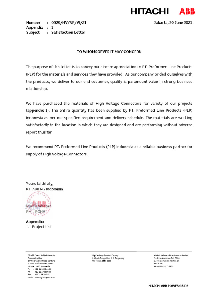 PLP Satisfaction Letter-Abb PG Hitachi | PDF | Electricity | Electrical Engineering
