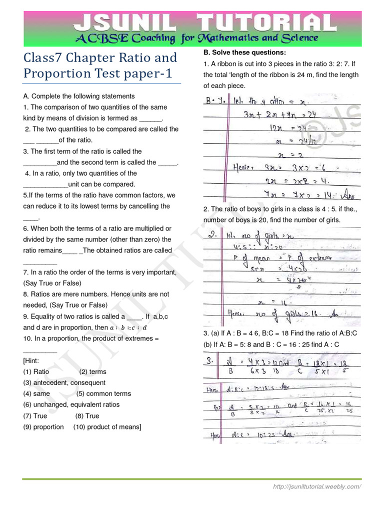 7th Ratio and Proportion Test Paper Solved-1 | PDF | Ratio | Numbers