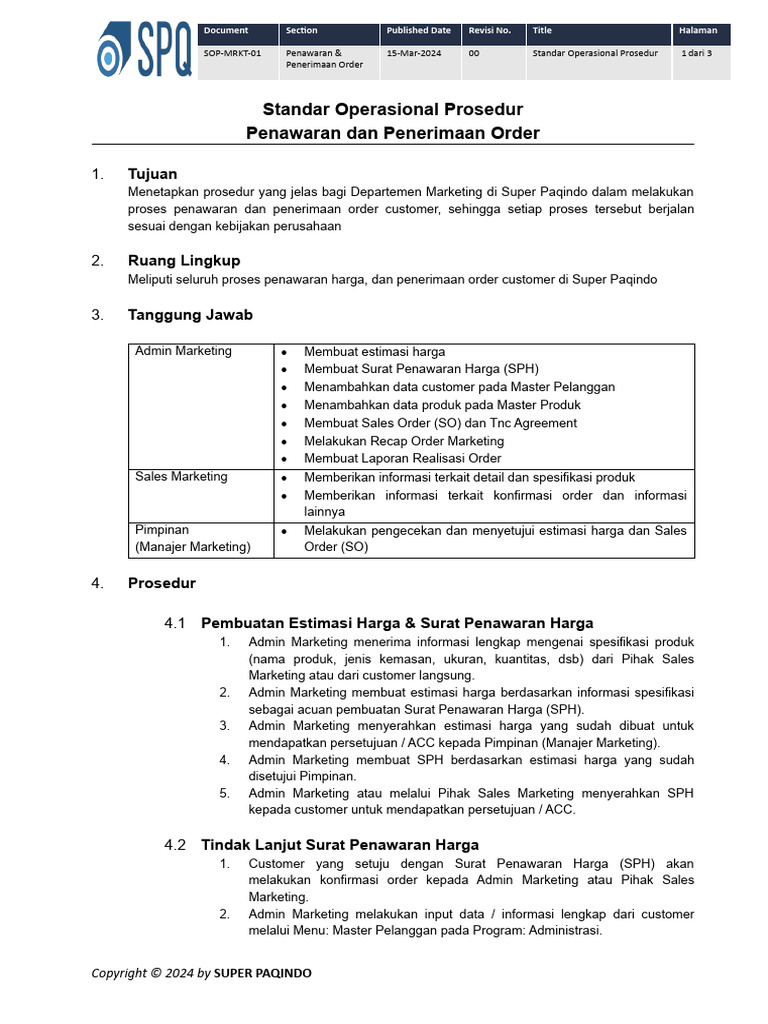 Draft SOP Penawaran Dan Penerimaan Order | PDF