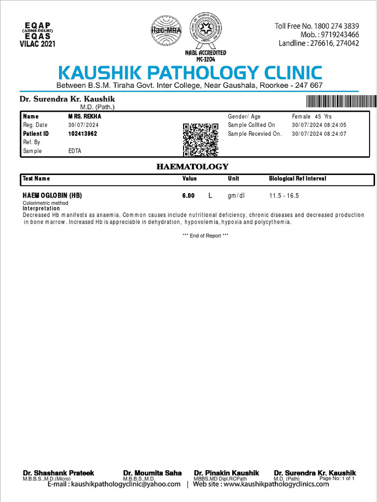 Hemoglobin Test Report for Mrs. Rekha | PDF