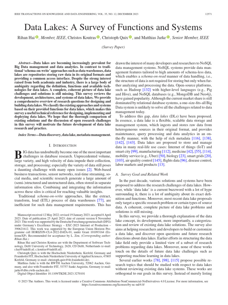 Data_Lakes_A_Survey_of_Functions_and_Systems | PDF | Metadata | Data