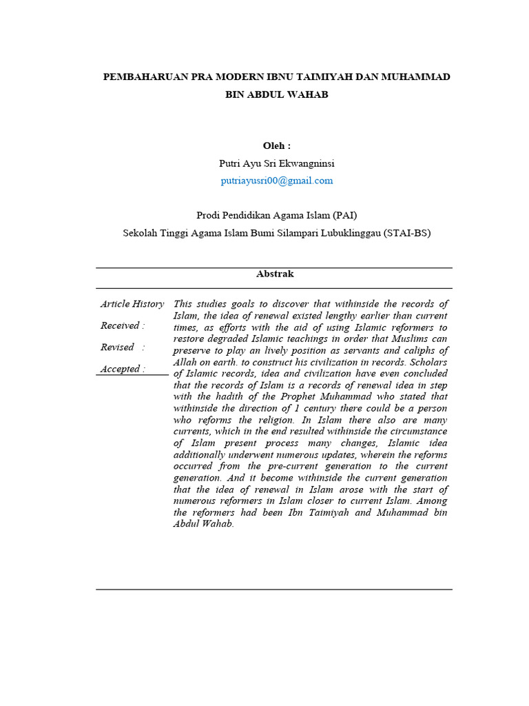Pembaharuan Pra Modern Ibnu Taimiyah Dan Muhammad Bin Abdul Wahab | PDF