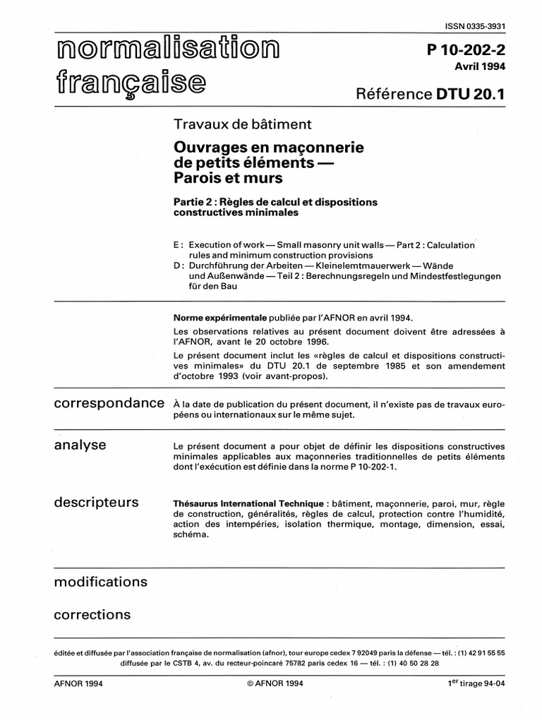 DTU 20.1 NF P 10-202-2 - Avril 1994 | PDF