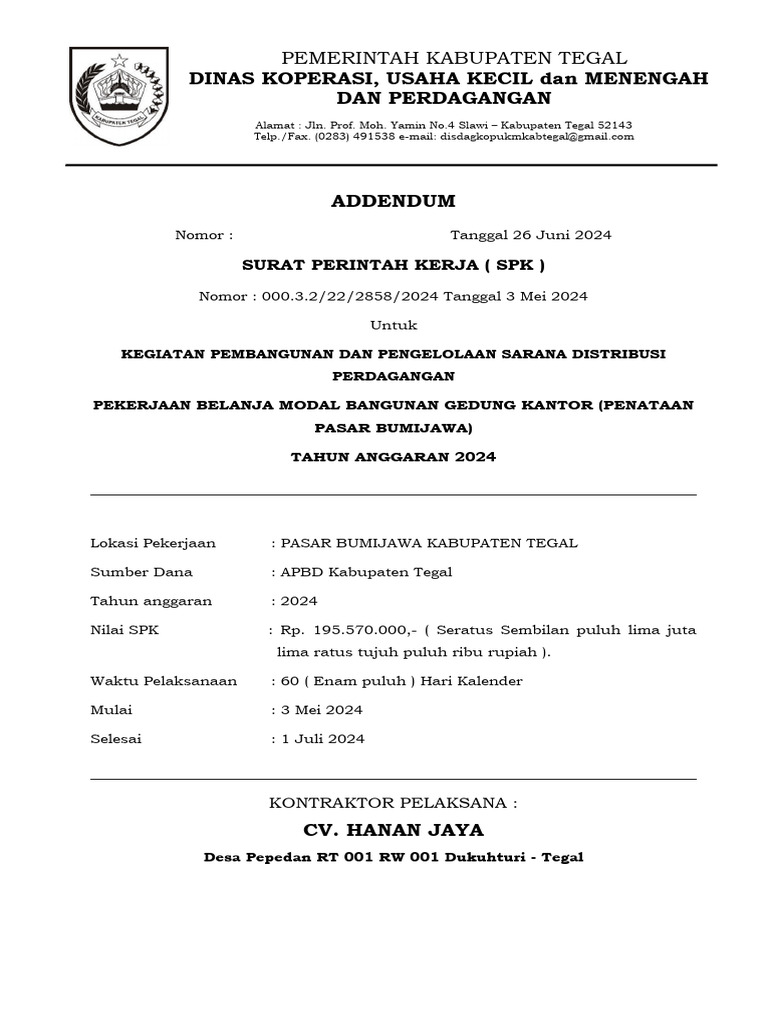 ADDENDUM SPK Dan Perpanjangan Waktu Pasar Bumijawa | PDF | Bisnis | Teknologi & Rekayasa