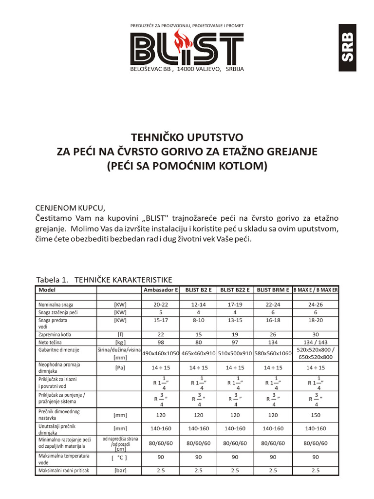 Tehnicko Uputstvo Za Peci Na Cvrsto Gorivo Za Etazno Grejanje SRB | PDF