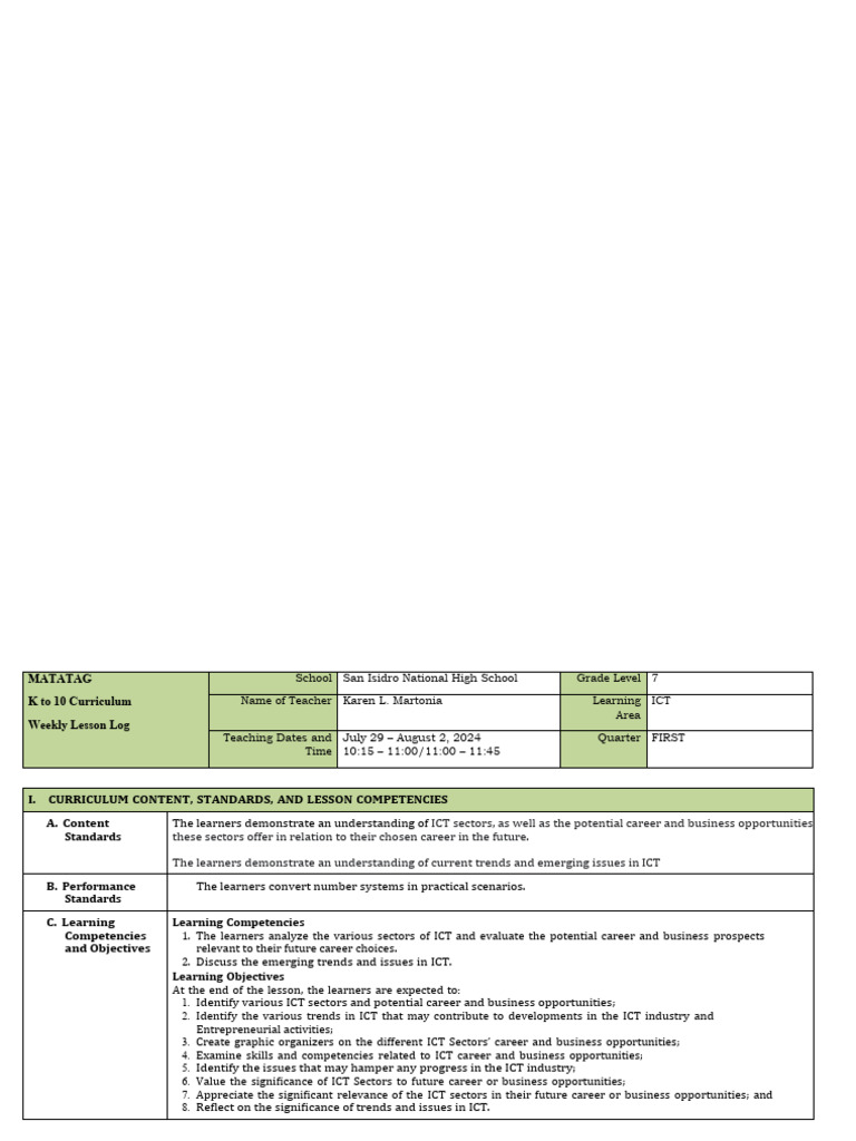 Grade 7 ICT Career Opportunities DLL | PDF | Educational Technology ...