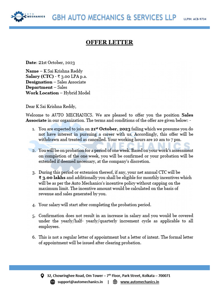 Offer Letter for Sales Associate Position | PDF | Business