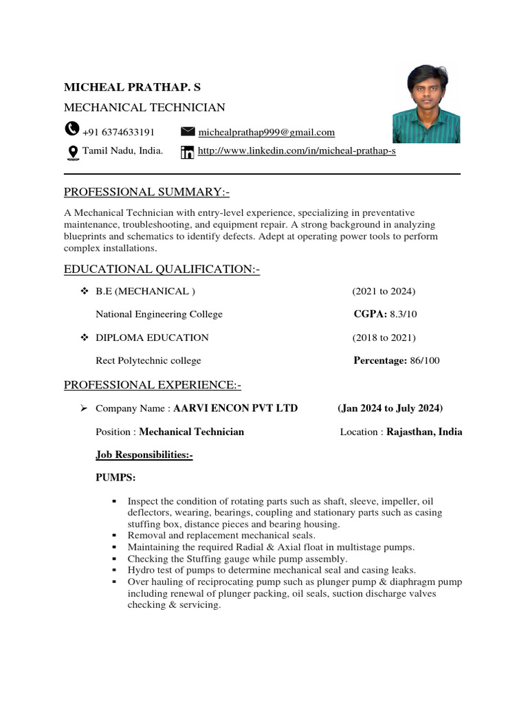 Mechanical Technician Resume: Micheal Prathap | PDF | Pump | Valve