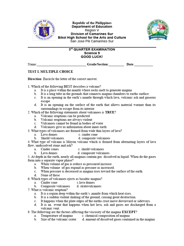 3rd Quarter Examination Grade 9 | PDF | Types Of Volcanic Eruptions ...