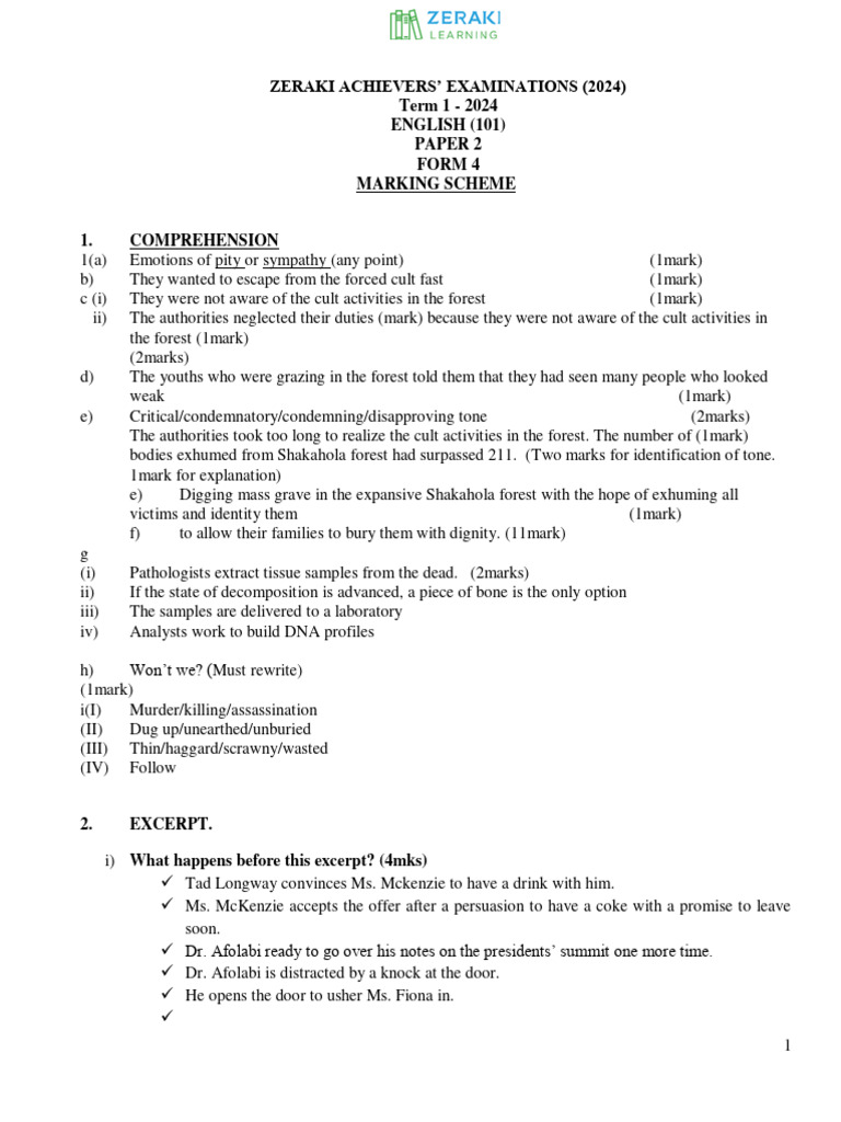 Zeraki Achievers' Exams 2024 Marking Guide | PDF | Burial