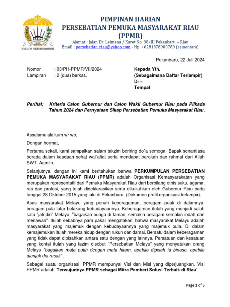 Surat Aspirasi Masyarakat Riau Pada Pilkada Gubri 2024 | PDF