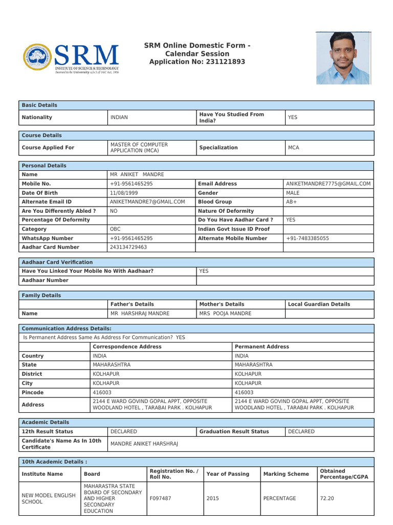 SRM MCA Application Form 2023 | PDF