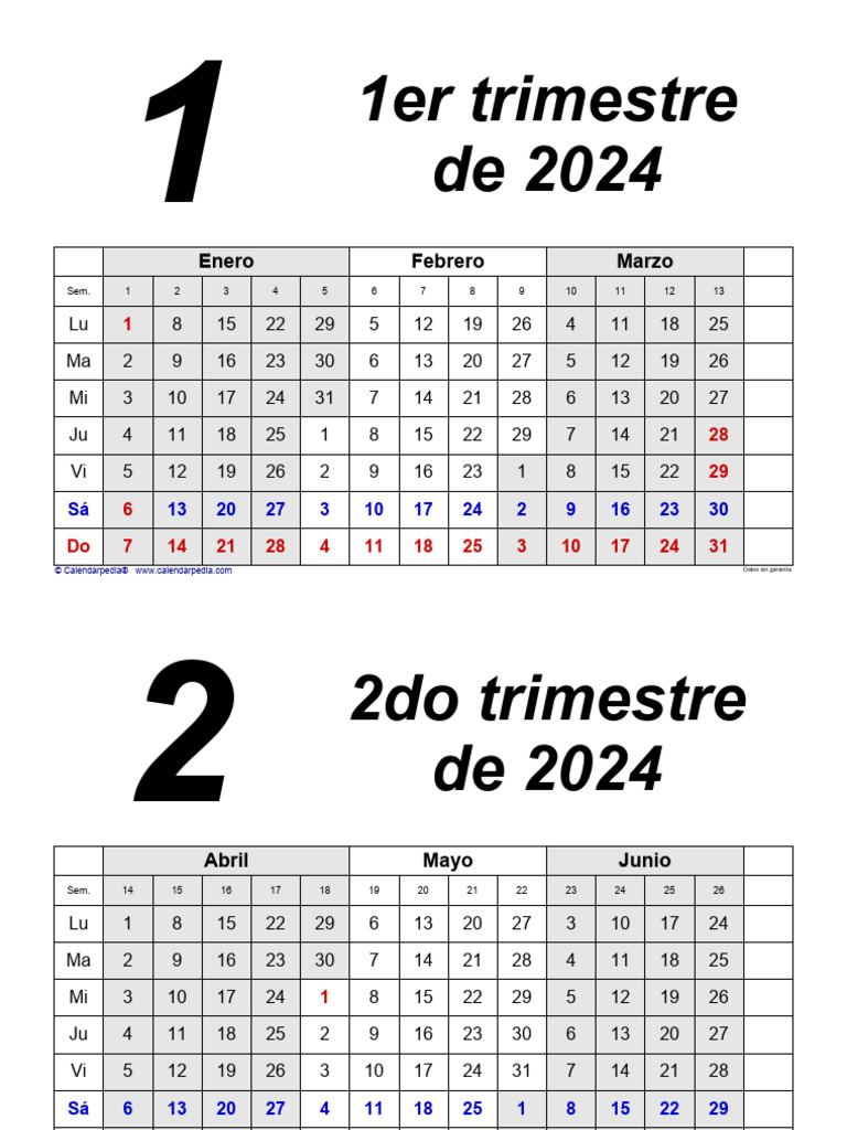 Calendario Trimestral 2024 Horizontal Meses en Horizontal | PDF