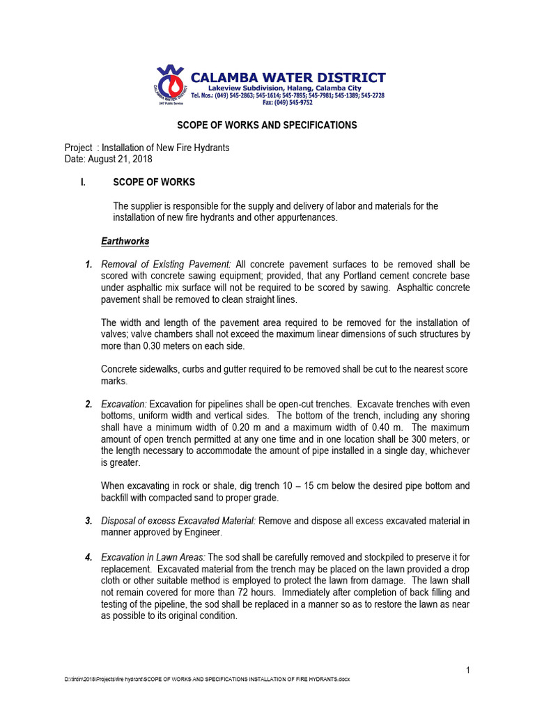 Scope of Works and Specifications - Fire Hydrants | PDF | Pipe (Fluid ...