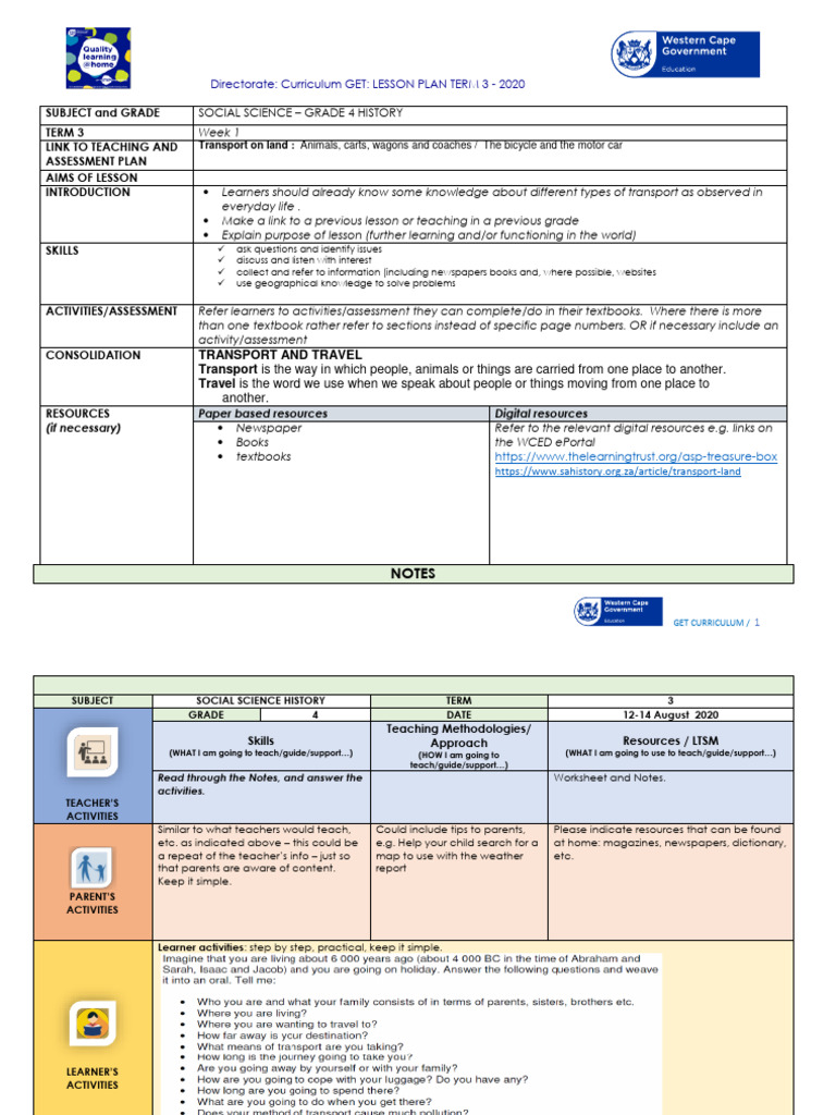 Lesson Plan GET IP Grade 4 Social Science History Term 3 Week 1 1 | PDF | Car | Wheel
