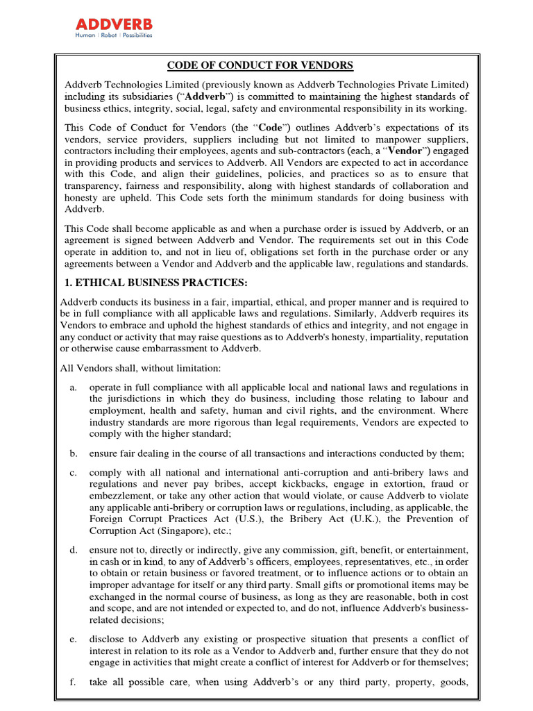Addverb Vendor Code of Conduct | PDF | Bribery | Information Sensitivity