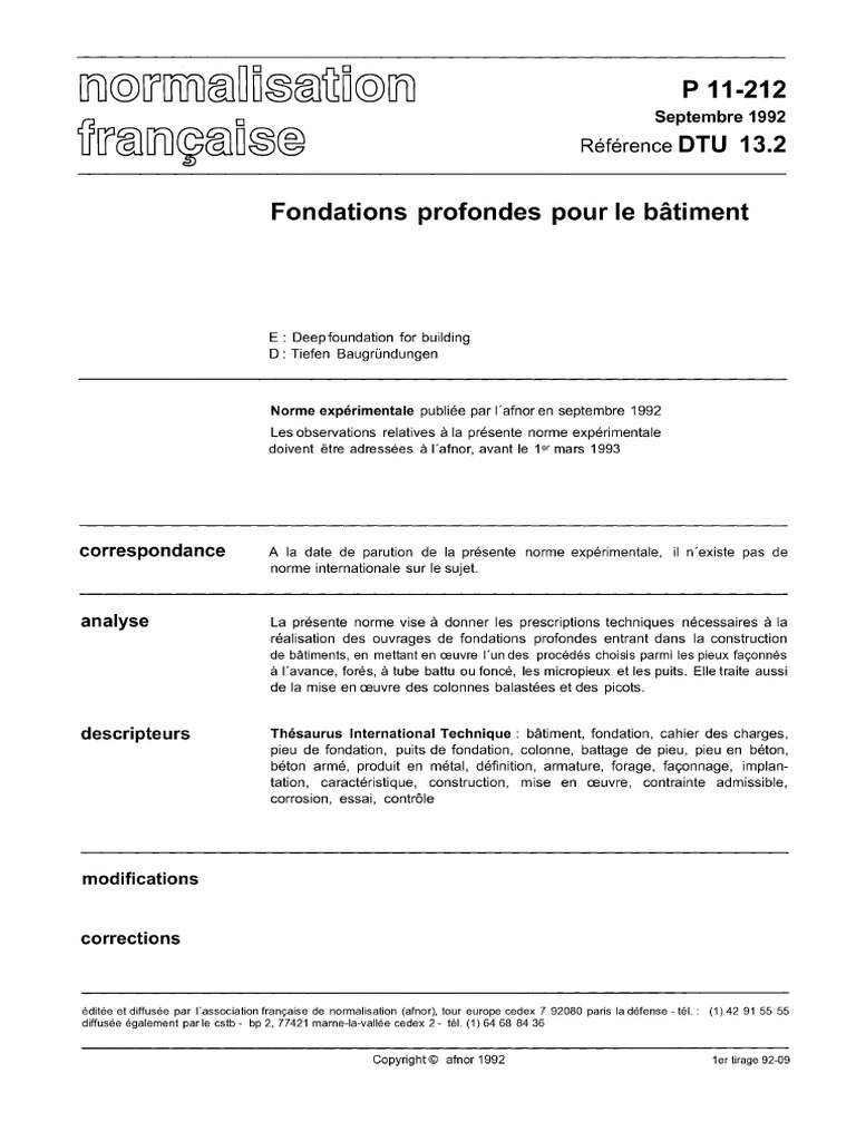 DTU 13.2 Fondations Profondes Pour Le Bâtiment | PDF