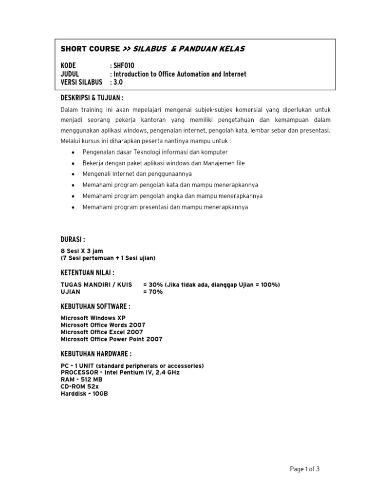Silabus - Introduction To Office Automation and Internet | PDF