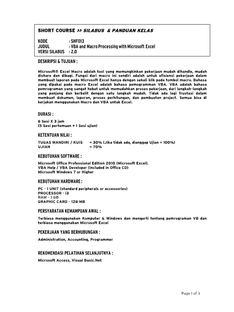 Silabus - VBA and Macro Processing With Microsoft Excel 2.0 | PDF Silabus - VBA and Macro Processing With Microsoft Excel 2.0 | PDF