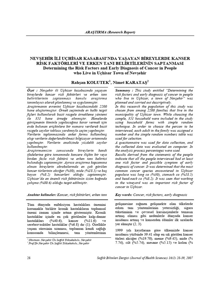 Nev Eh R L U H Sar Kasabasi Nda Ya Ayan B Reylerde Kanser R SK Fakt Rler Ve Erken Tani Bel RT ...