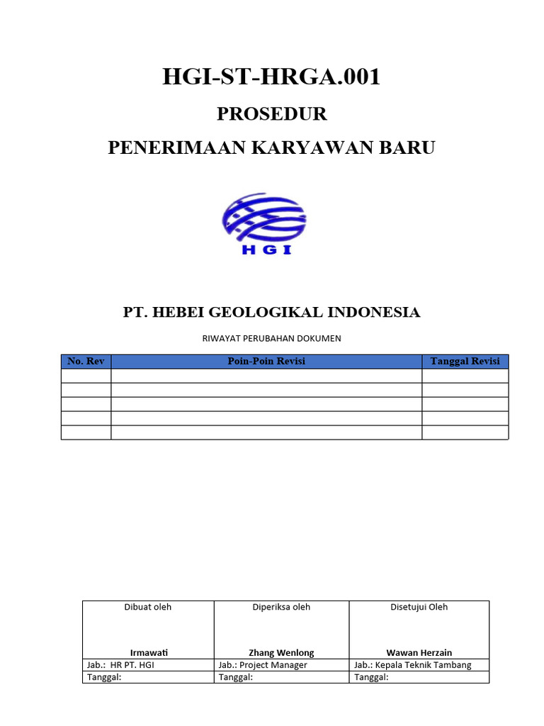 SOP HGI-ST-HRGA-001 Penerimaan Karyawan Baru-1 | PDF