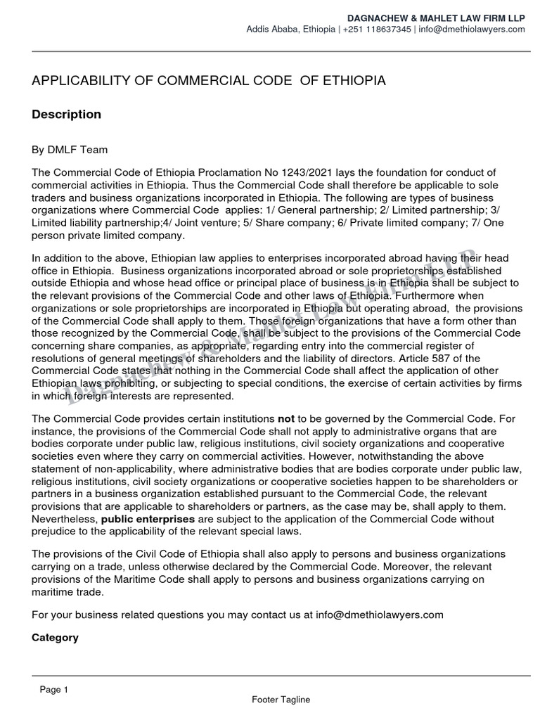 Applicability of Commercial Code of Ethiopia | PDF | Ethiopia | Partnership