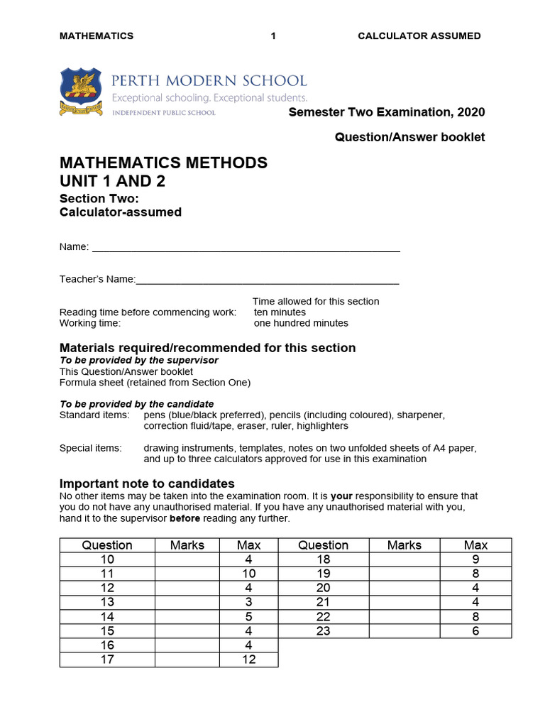 2020 Methods U1 2 Sem2 Exam CA | PDF | Derivative | Area