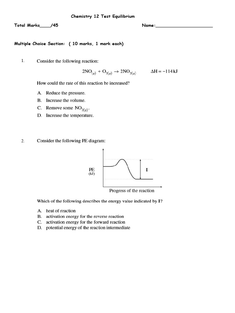 Chemistry 12 Alternative Equilibrium Test 2017 | PDF | Chemical ...