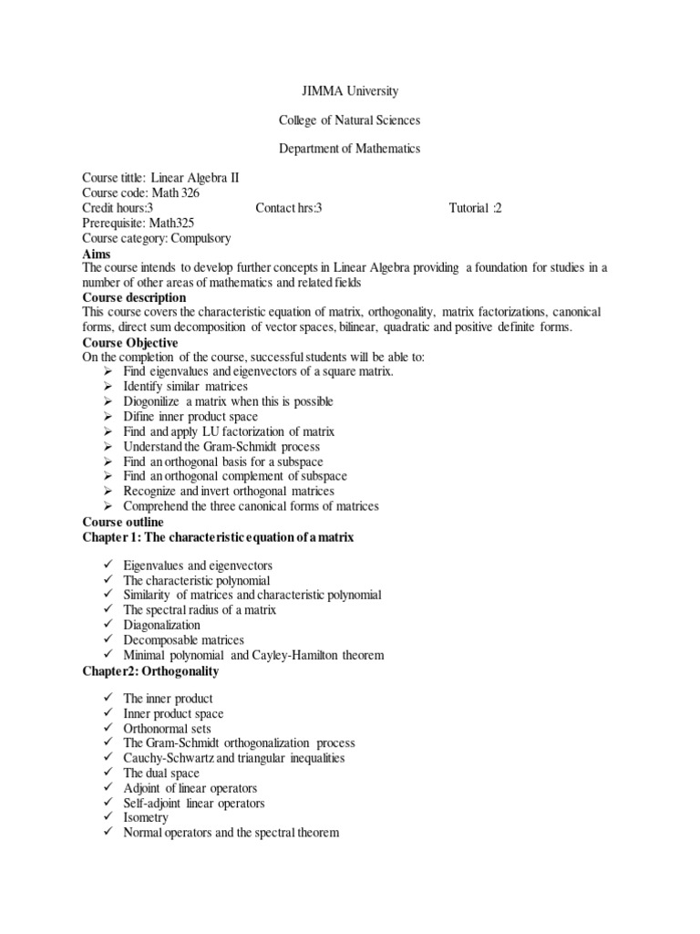Course Outline Linear Algebra II | PDF | Matrix (Mathematics ...