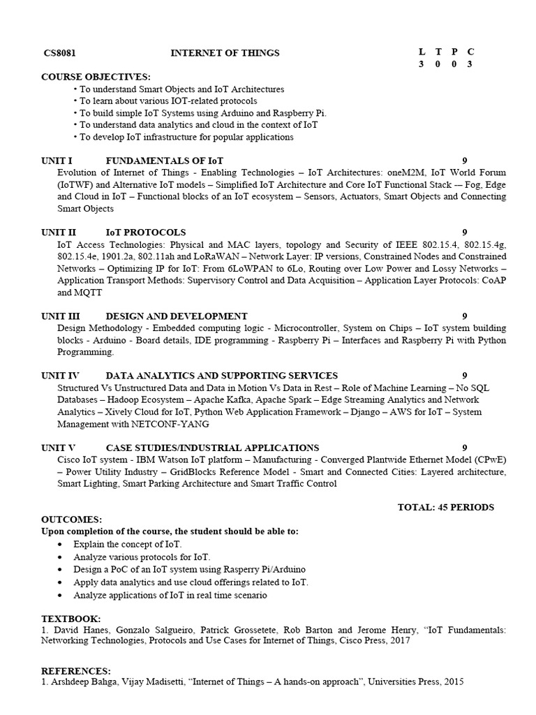 CS8081-IoT Syllabus | PDF | Internet Of Things | Computer Network
